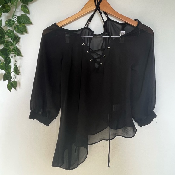 Tops | Black Sheer Cross Over Top | Poshmark
